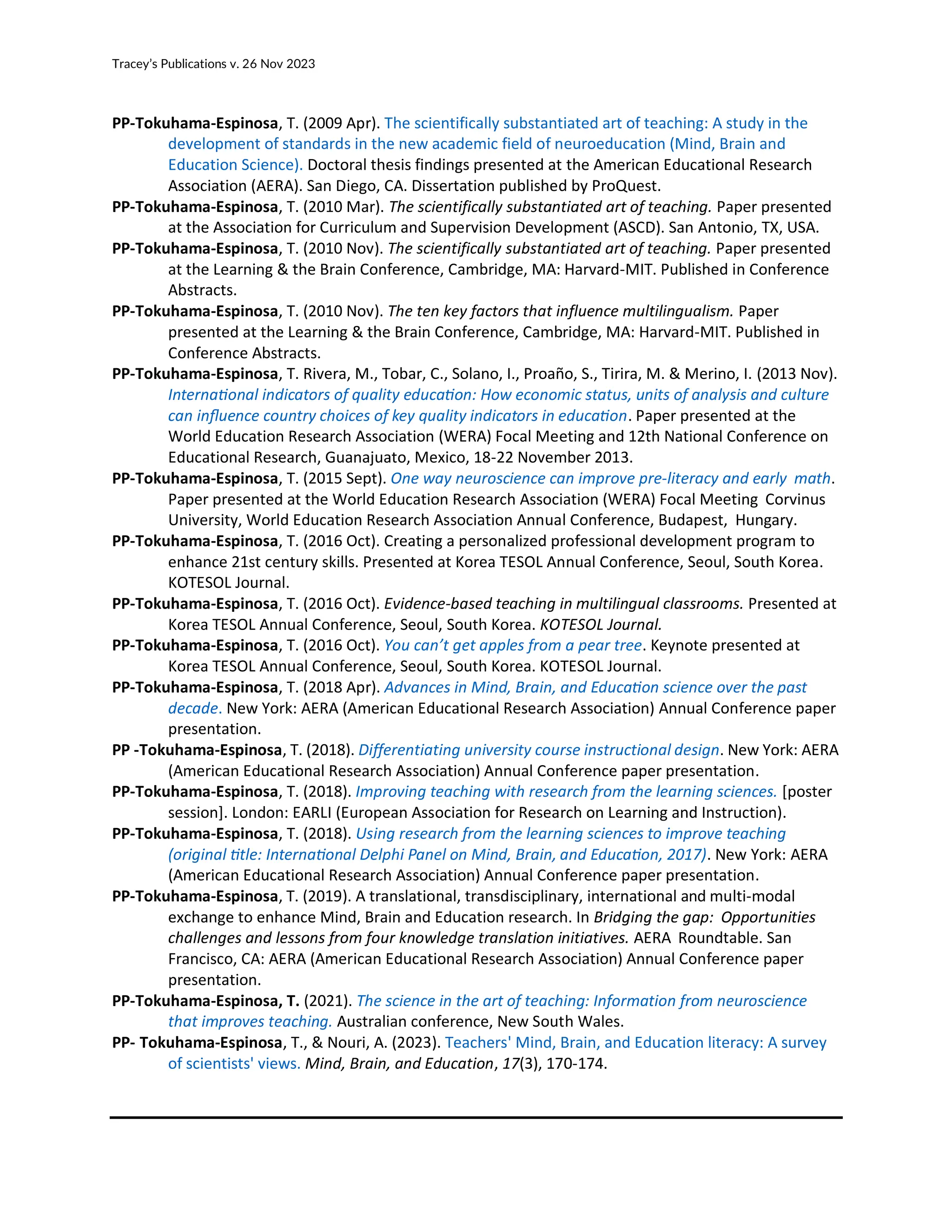 Tracey Tokuhama-Espinosa, Ph.D. Publications Nov 2023 | PDF