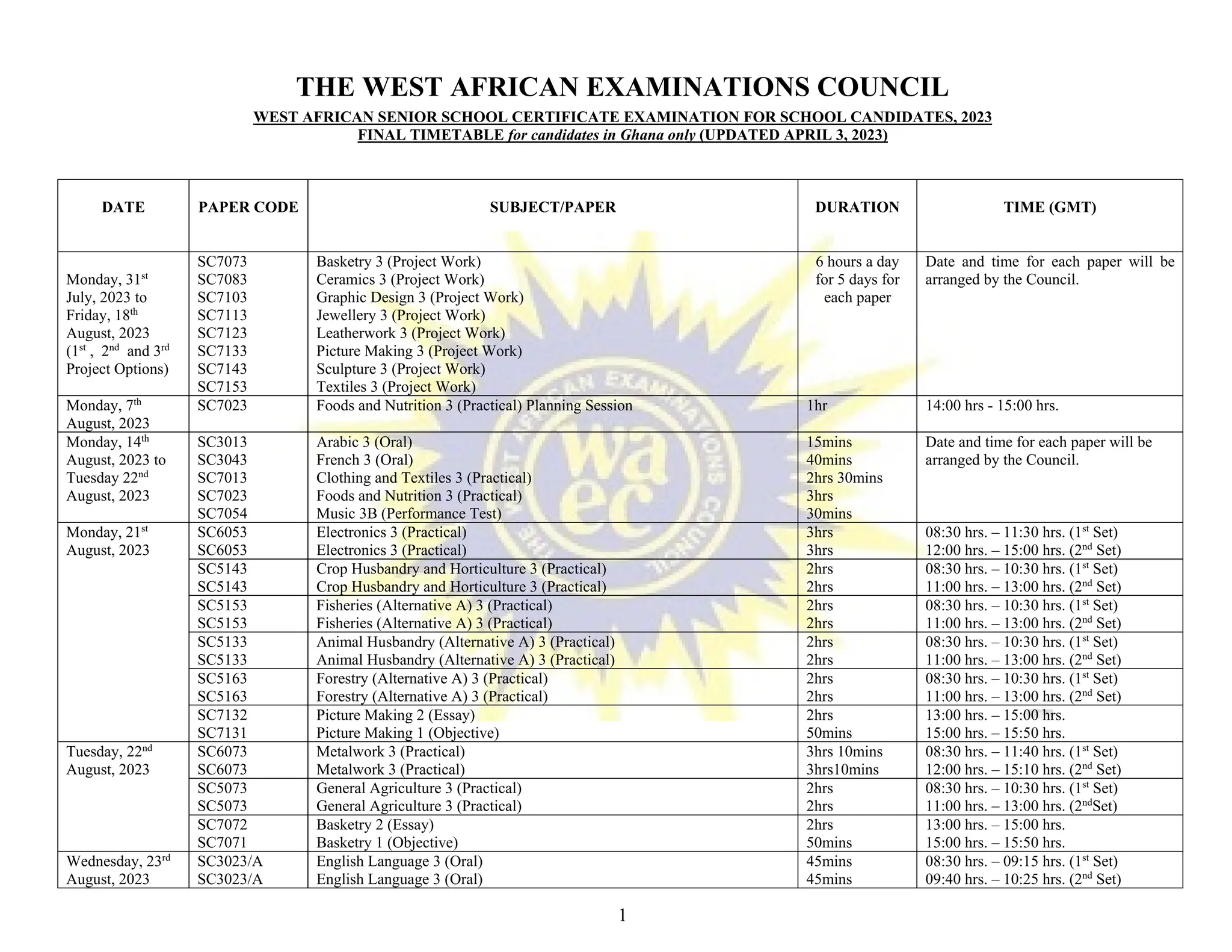 2023-wassce-school-timetable for waec gh | PDF