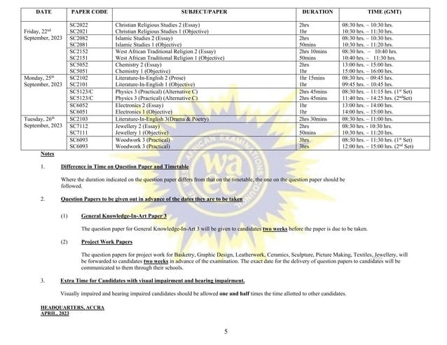 2023-wassce-school-timetable for waec gh | PDF