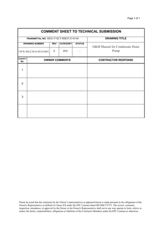 20230403 Comment Sheet (O&M Manual for Condensate Drain Pump_IFIC 0).doc