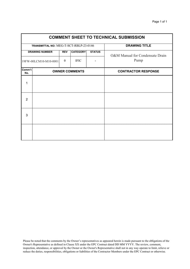 20230403 Comment Sheet (O&M Manual for Condensate Drain Pump_IFIC 0).doc
