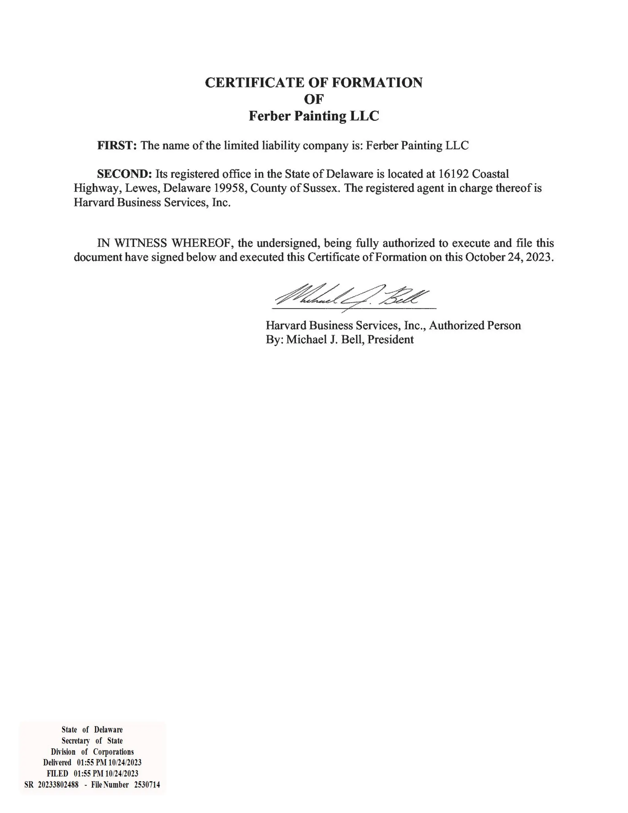 Certificate of Formation of Ferber Painting LLC | PDF