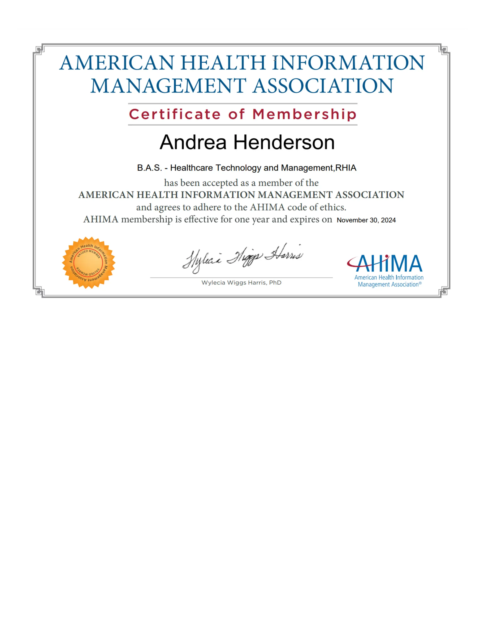 Henderson AHIMA Certificate of Membership | PDF