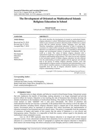The Development of Oriented on Multicultural Islamic Religious ...