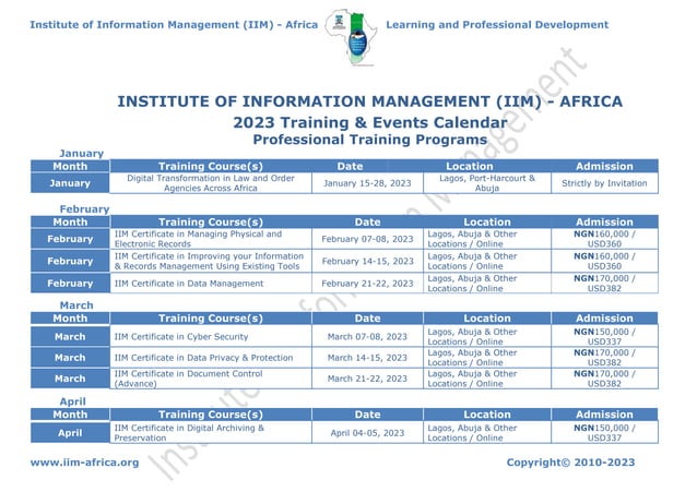 IIM 2023 Events and Training Calendar | PDF