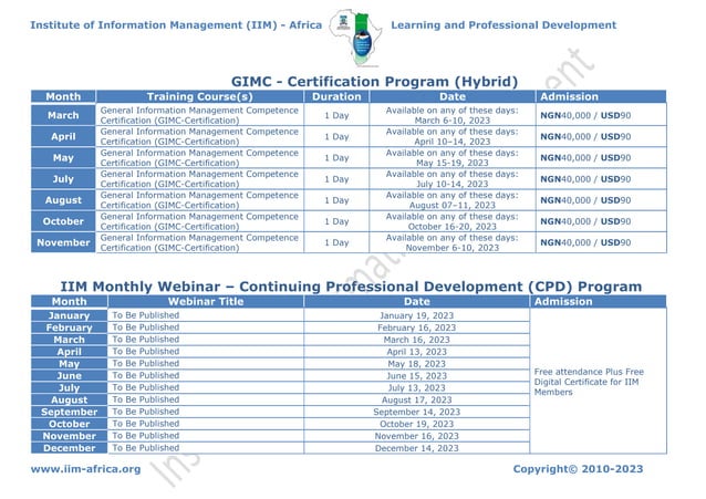 IIM 2023 Events and Training Calendar | PDF