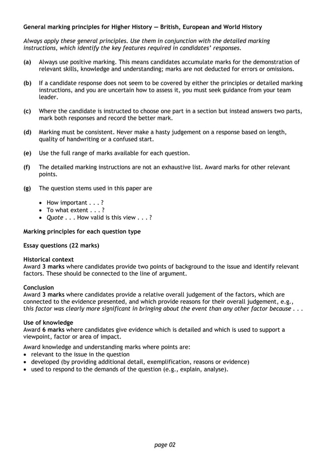 SQA Higher History exam (paper 1) - 2023 (marking instructions) | PDF ...