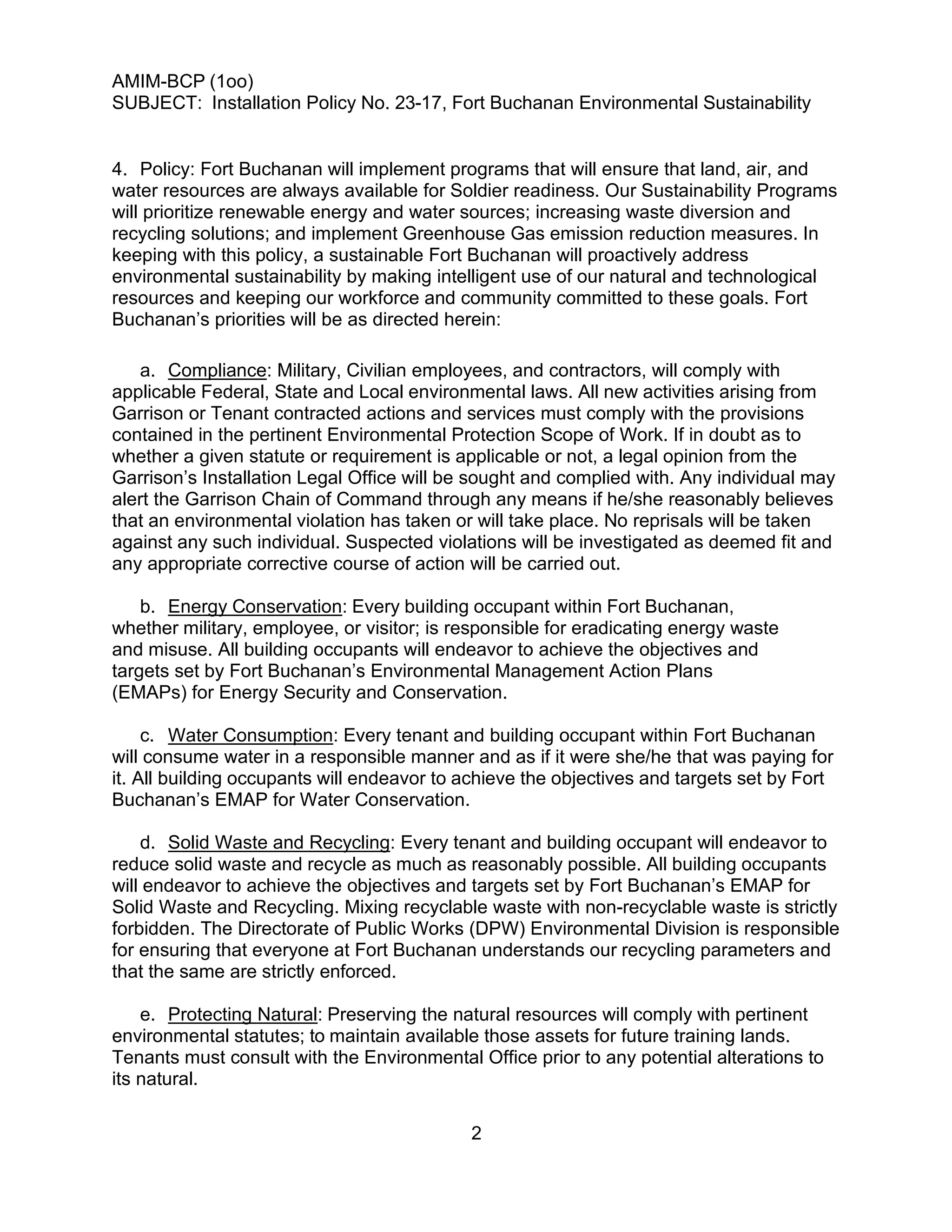2023_Policy_17_Memorandum Fort Buchanan Environmental Sustainability ...