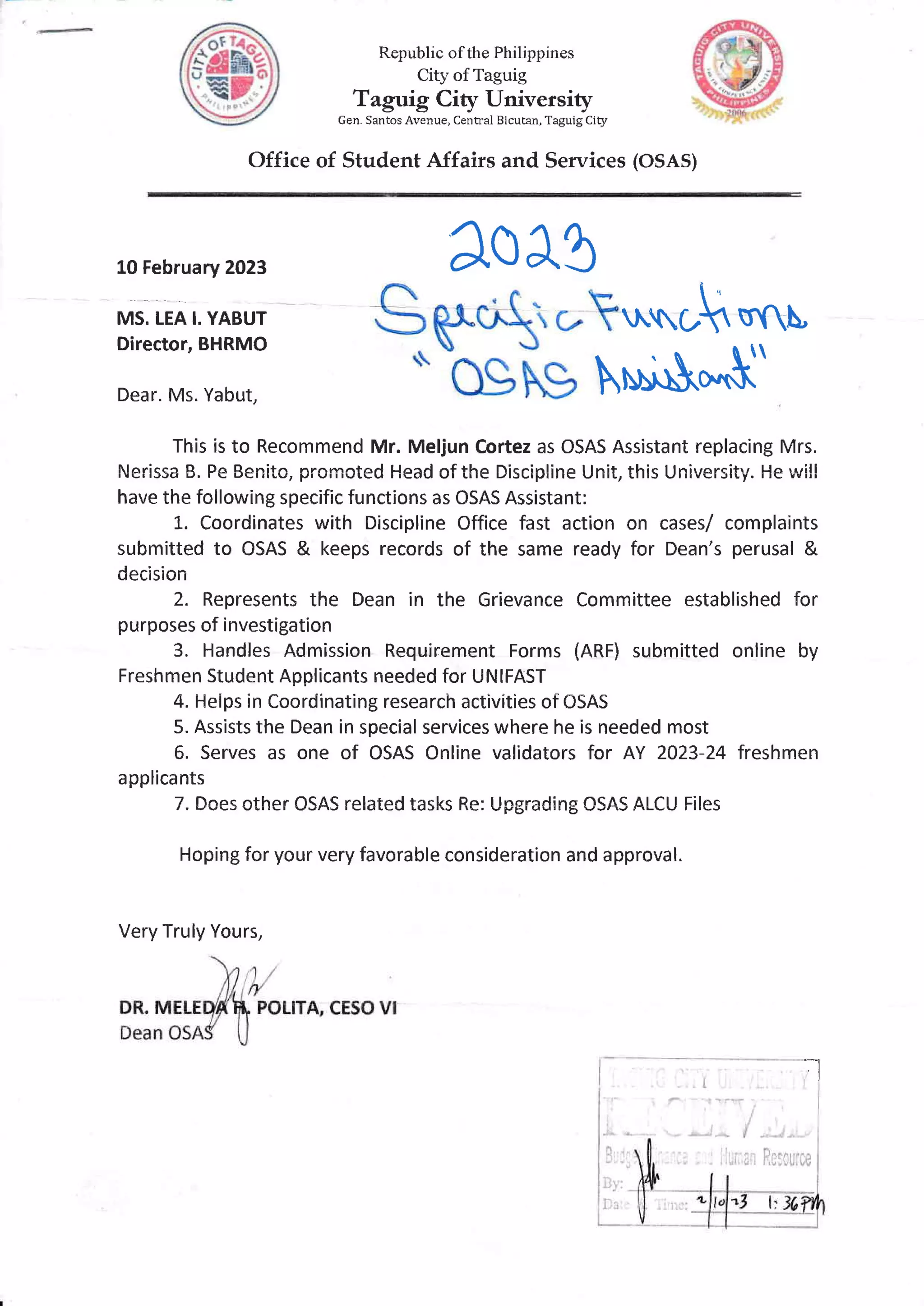 2023 TCU OSAS Assistant Specific Functions of MELJUN CORTES | PDF