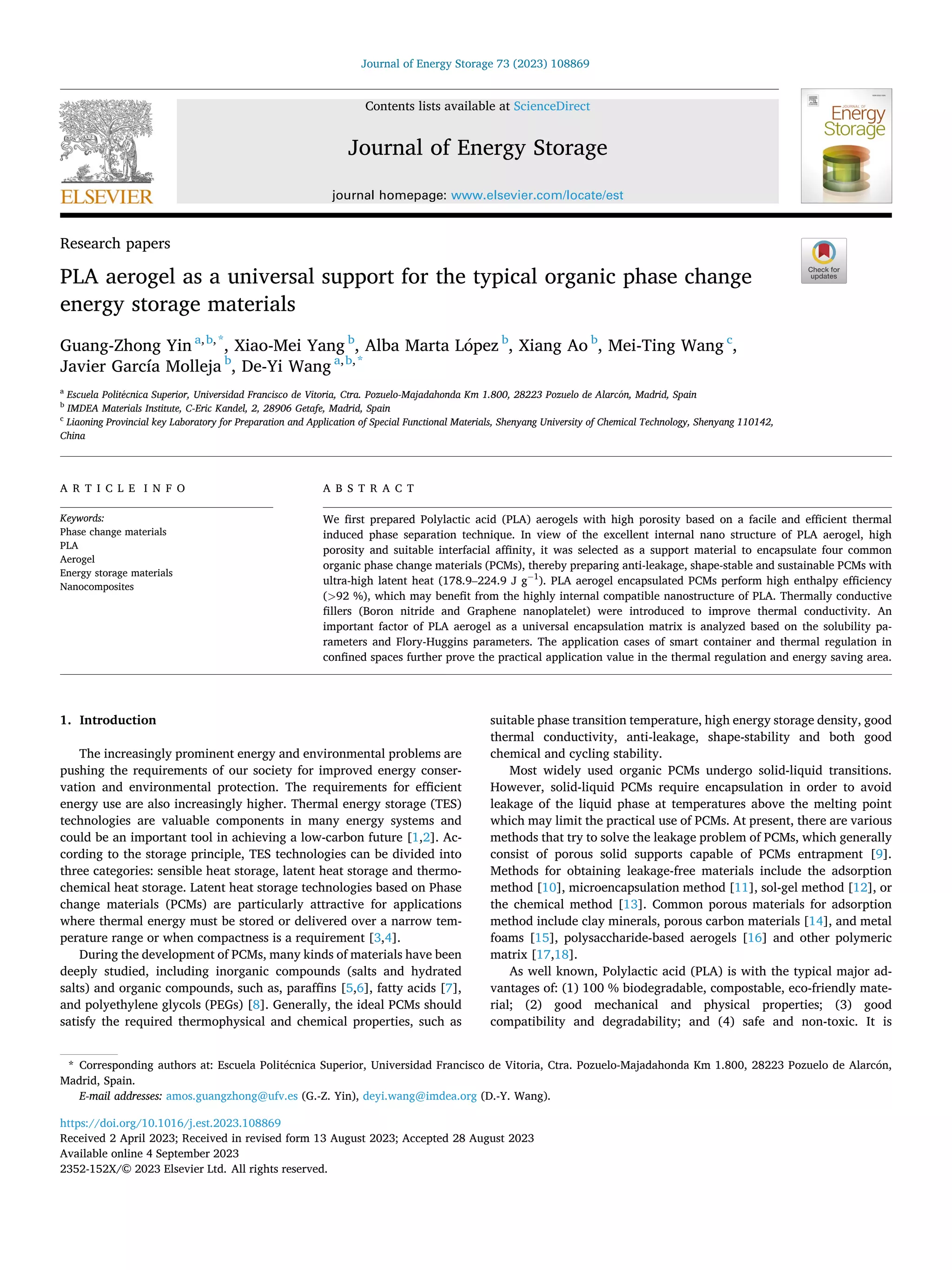 PLA aerogel as a universal support for the typical organic phase change energy storage materials ...
