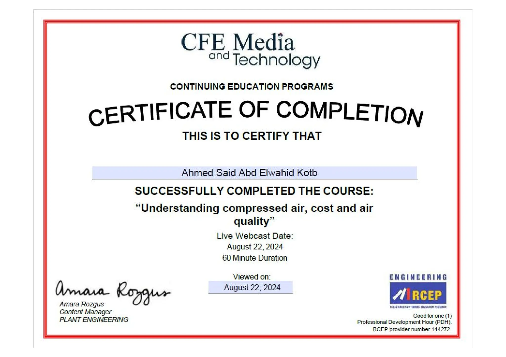 Certificate of Completion of "Understanding compressed air, cost and ...