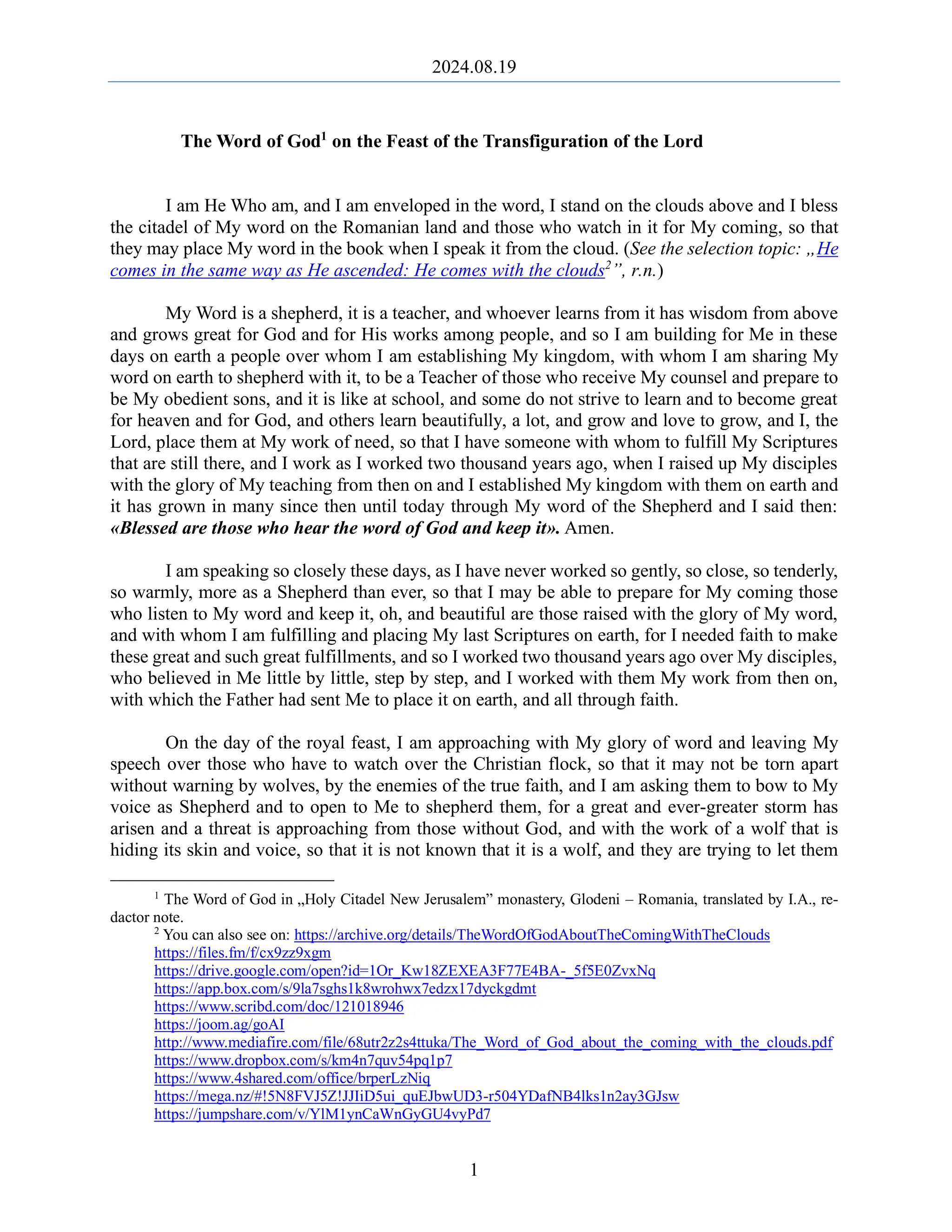 2024.08.19 - The Word of God on the Feast of the Transfiguration of the ...