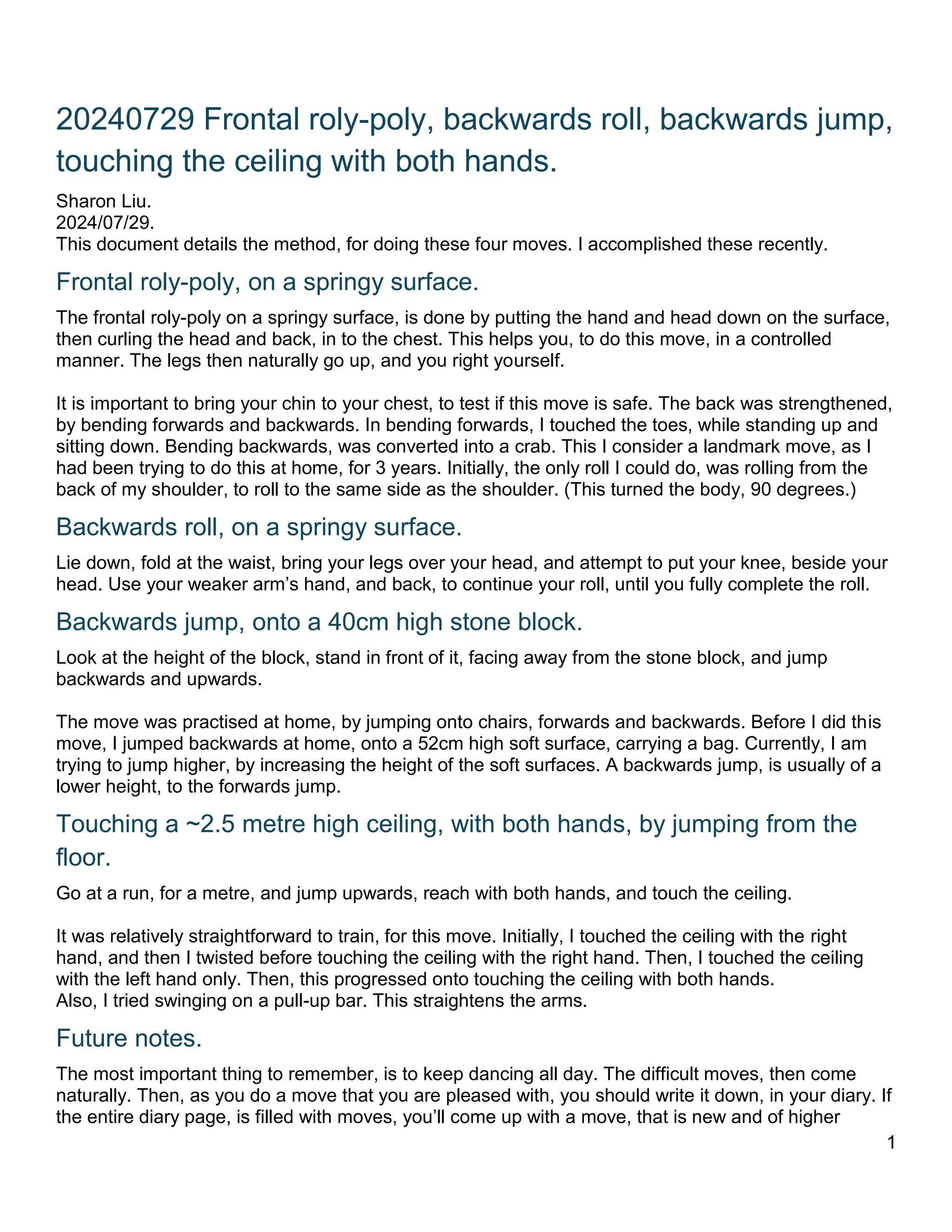 20240729 Frontal Roly-poly, Backwards roll, Backwards jump, Touching the ceiling with both hands ...