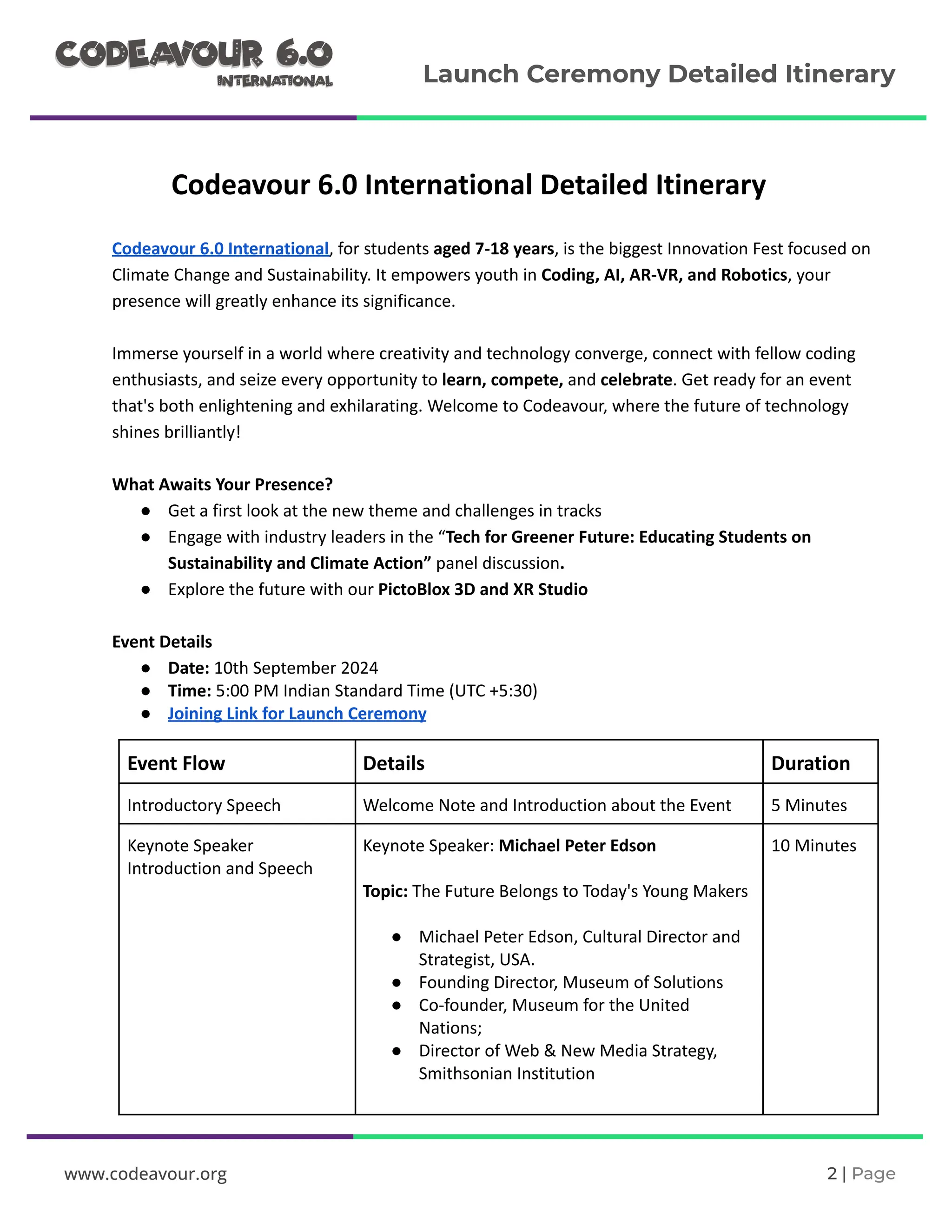 Codeavour 6.0 International Launch Ceremony Event Itinerary | PDF