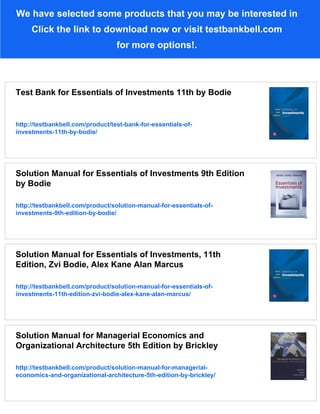 Solution Manual for Essentials of Investments 11th by Bodie | PDF
