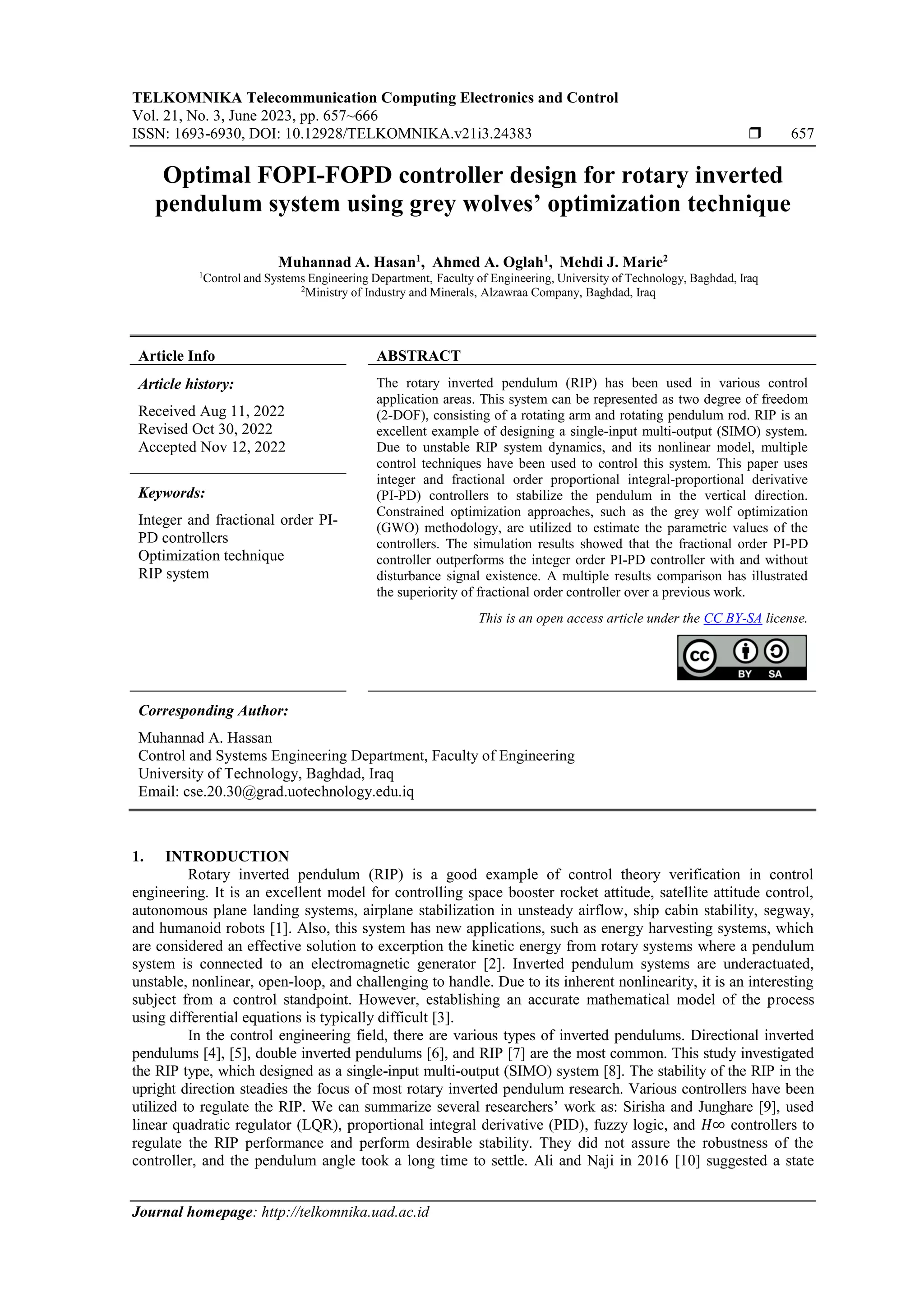Optimal FOPI-FOPD controller design for rotary inverted pendulum system using grey wolves ...