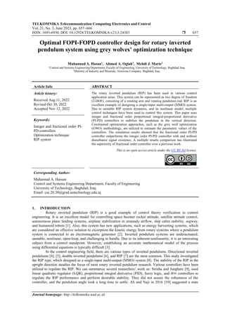 Optimal FOPI-FOPD controller design for rotary inverted pendulum system using grey wolves ...