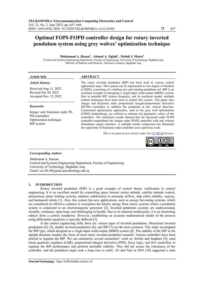 Optimal FOPI-FOPD controller design for rotary inverted pendulum system using grey wolves ...