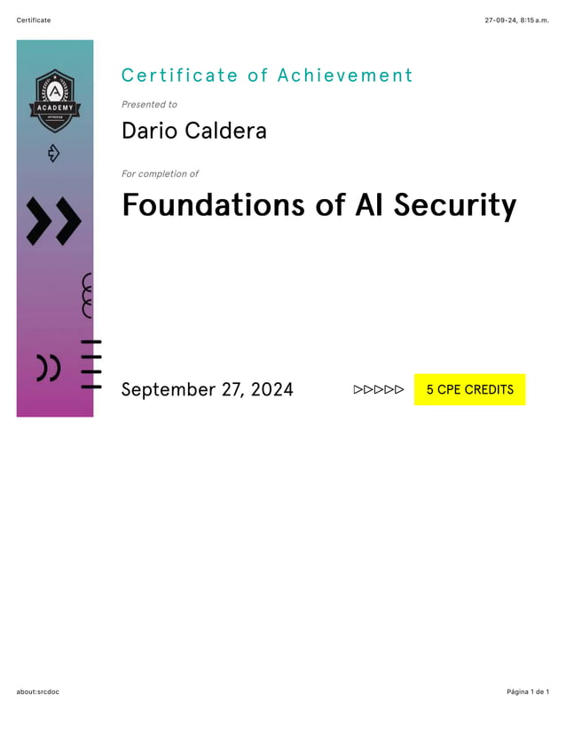 Certificate Foundations of AI Security - AttackIQ Academy | PDF