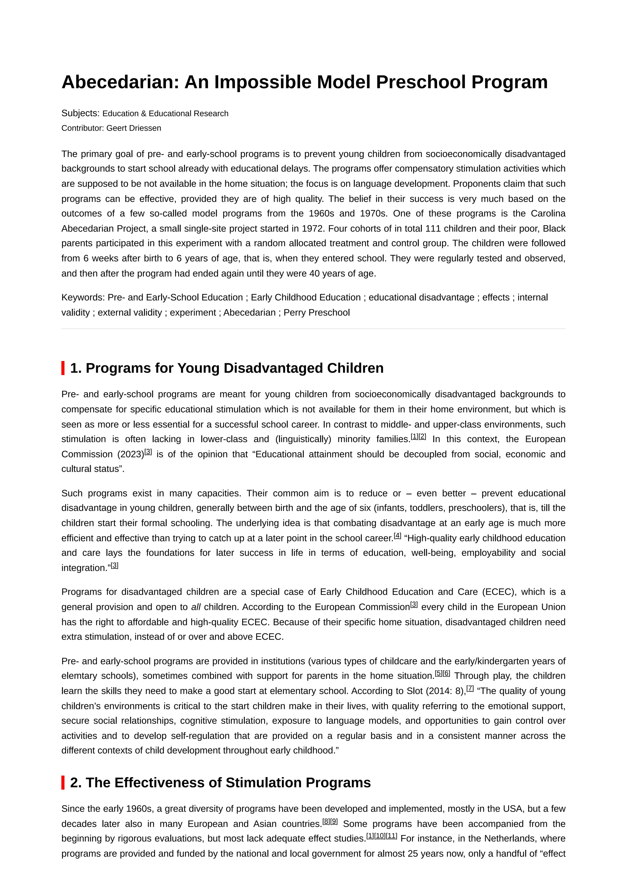 Geert Driessen (2024) Encyclopedia Abecedarian an impossible model preschool program | PDF