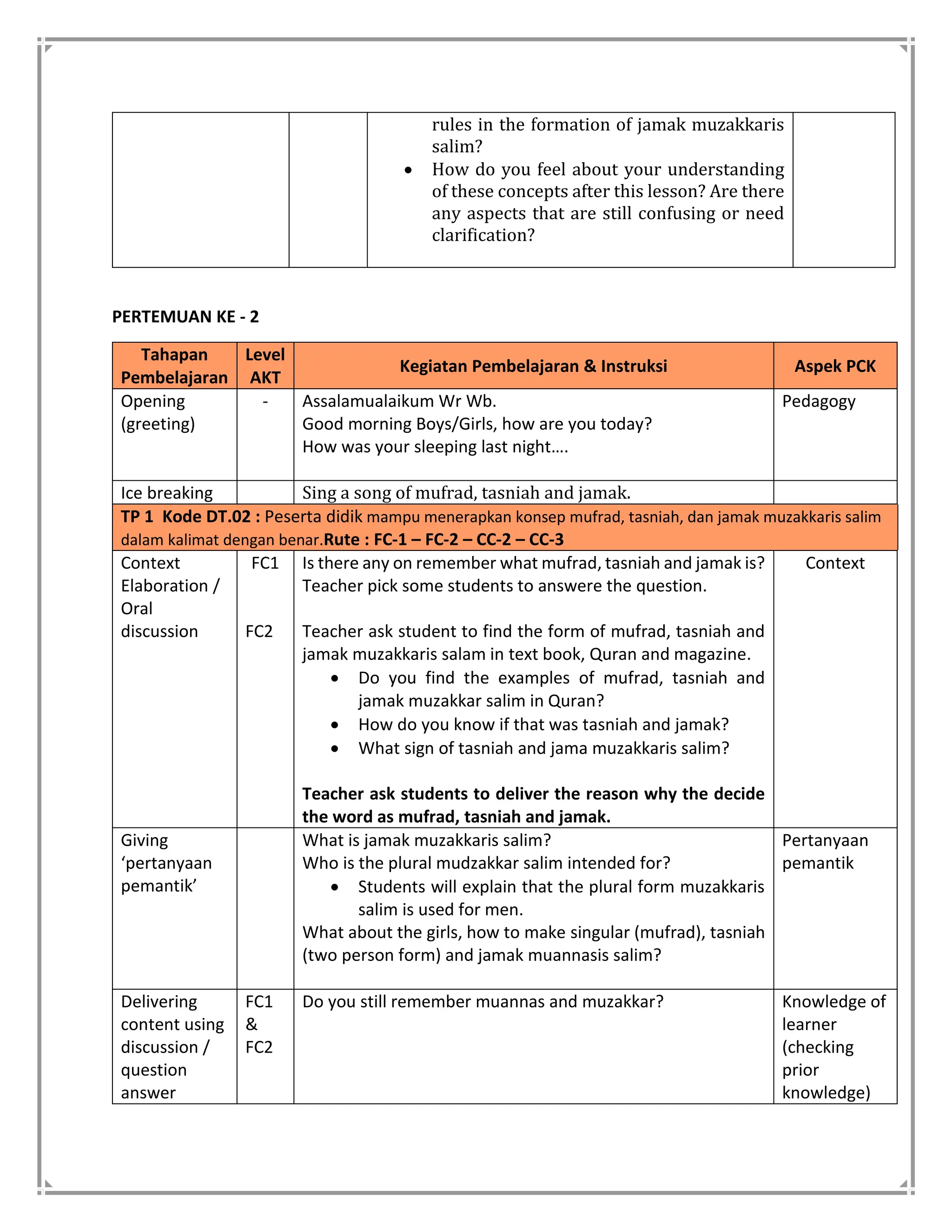Modul ajar bahasa arab untuk kelas 7 dengan pendekatan PCK | DOCX