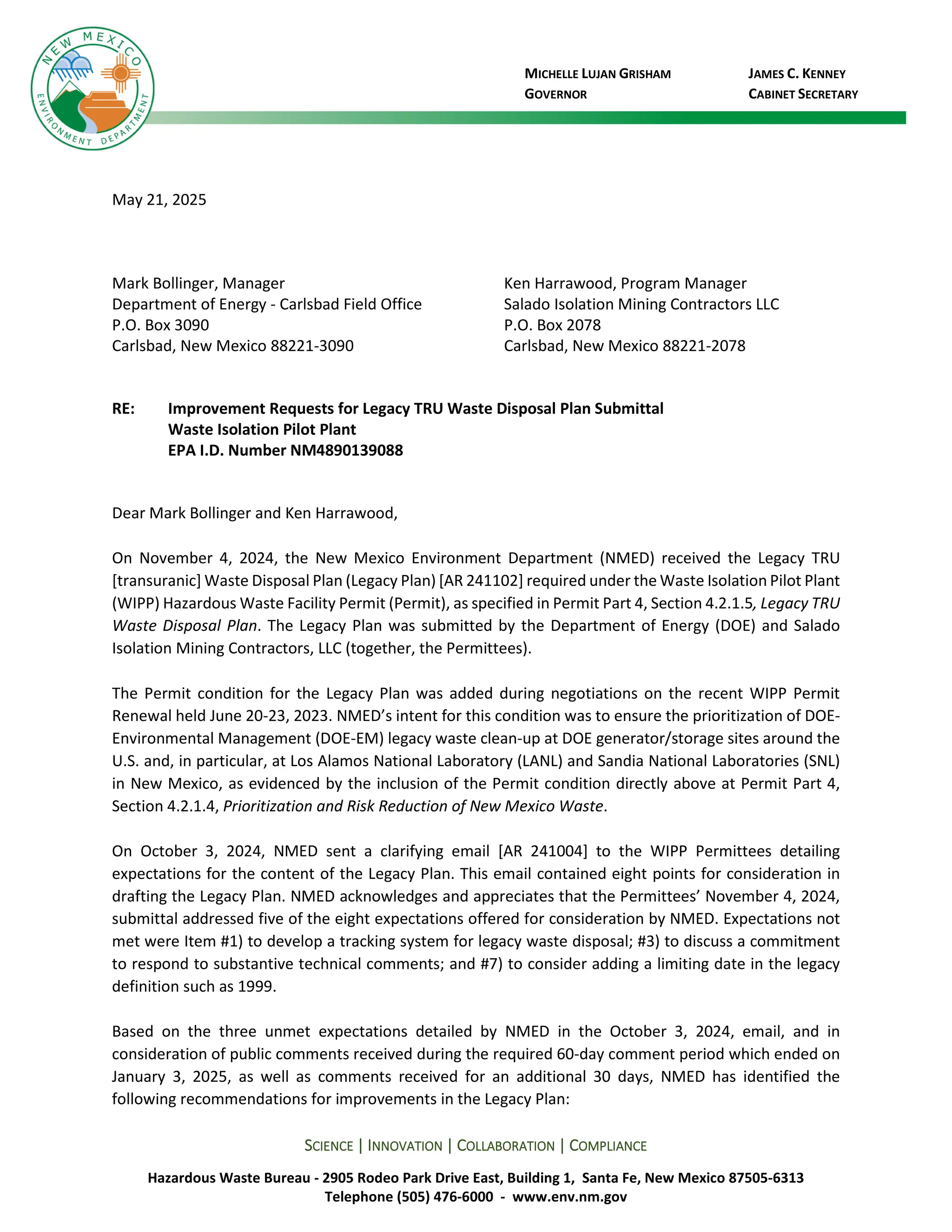 2025-05-21 HWB WIPP Legacy Plan Letter (Final).pdf