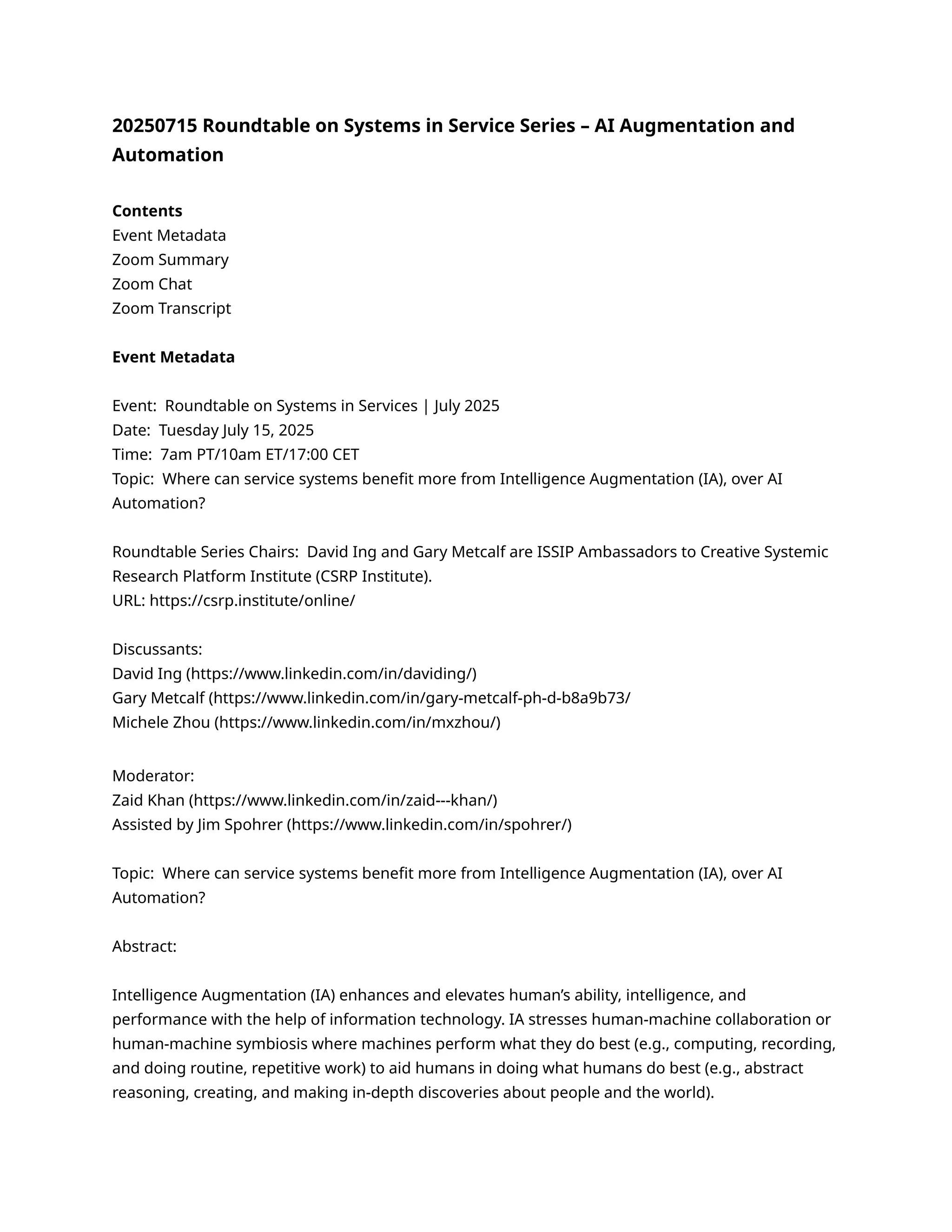 20250715 Roundtable on Systems in Service Series - AI Augmentation and ...