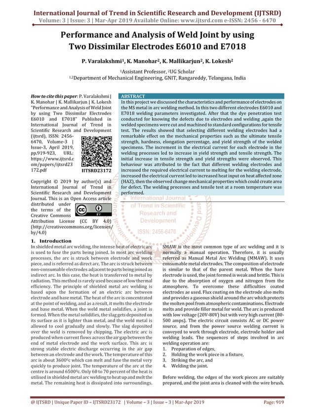 Performance and Analysis of Weld Joint by using Two Dissimilar Electrodes E6010 and E7018 | PDF ...