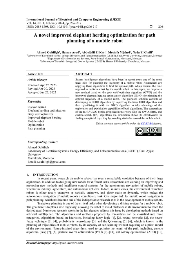 A novel improved elephant herding optimization for path planning of a mobile robot | PDF ...