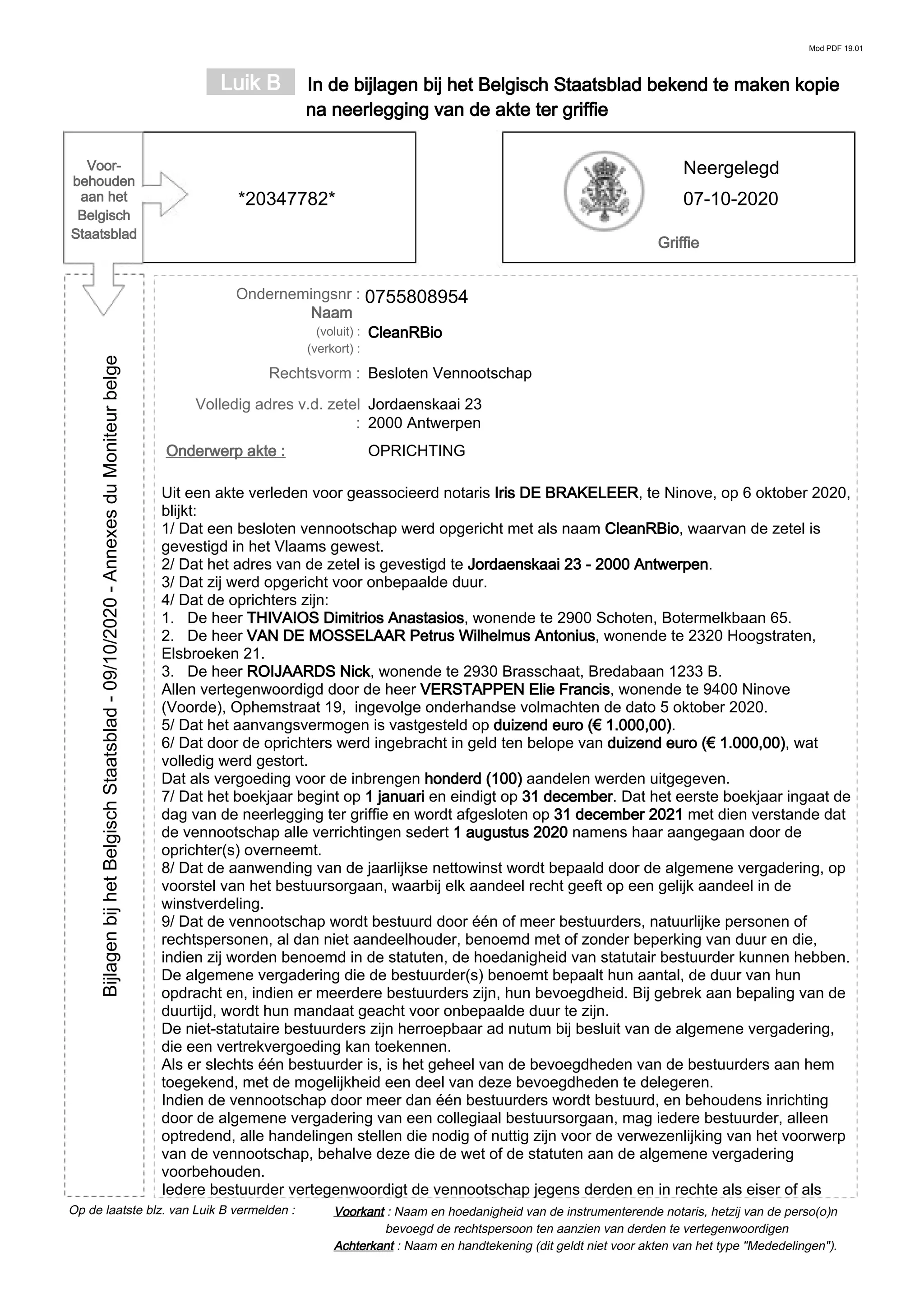 Oprichtingsakte CleanRBio | PDF