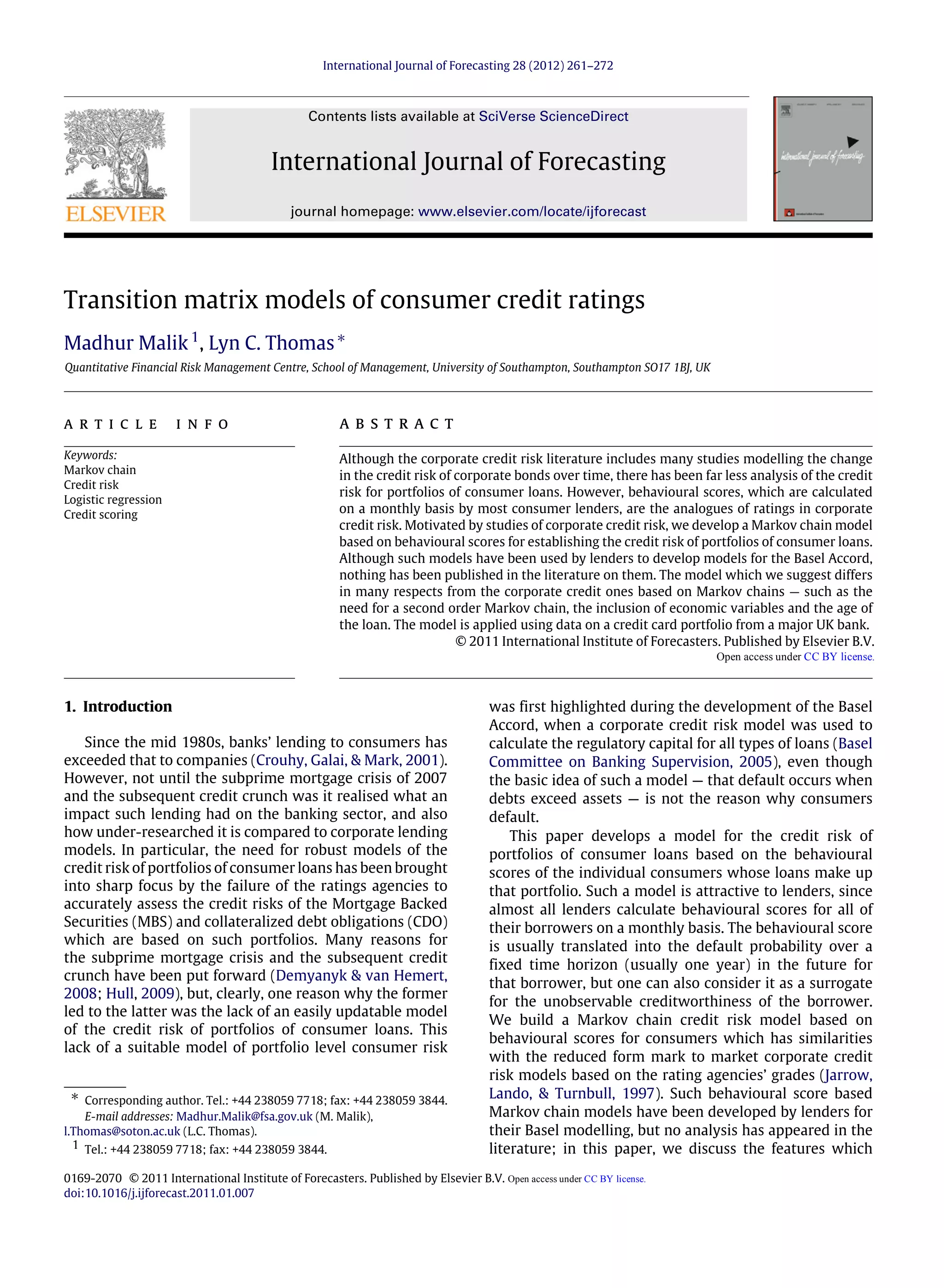 Transition matrix models of consumer credit ratings | PDF