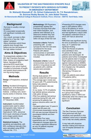 VALIDATION OF THE SAN FRANCISCO SYNCOPE RULE TO PREDICT PATIENTS WITH ...