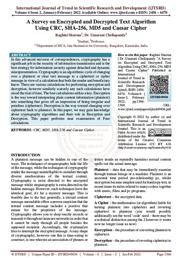 A Survey on Encrypted and Decrypted Text Algorithm Using CRC, SHA 256, MD5 and Caesar Cipher | PDF