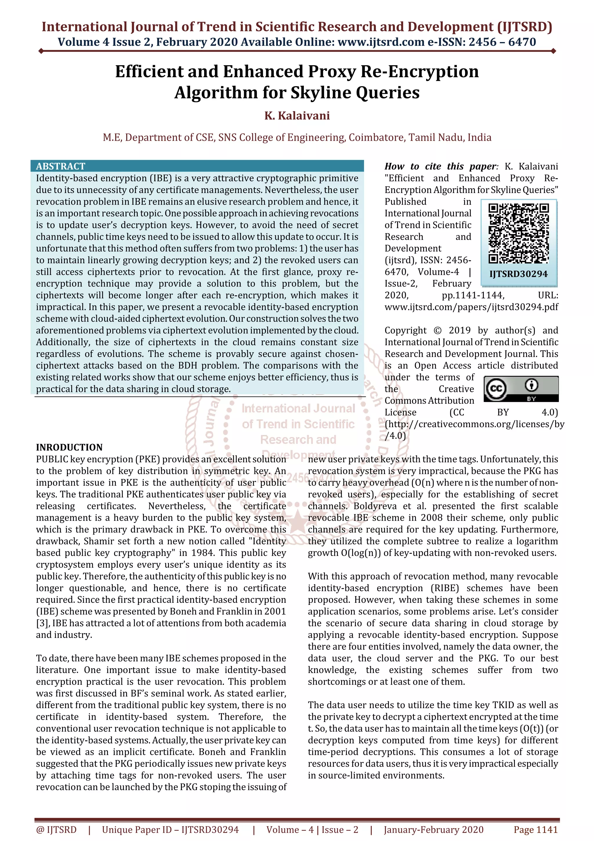 Efficient And Enhanced Proxy Re Encryption Algorithm For Skyline