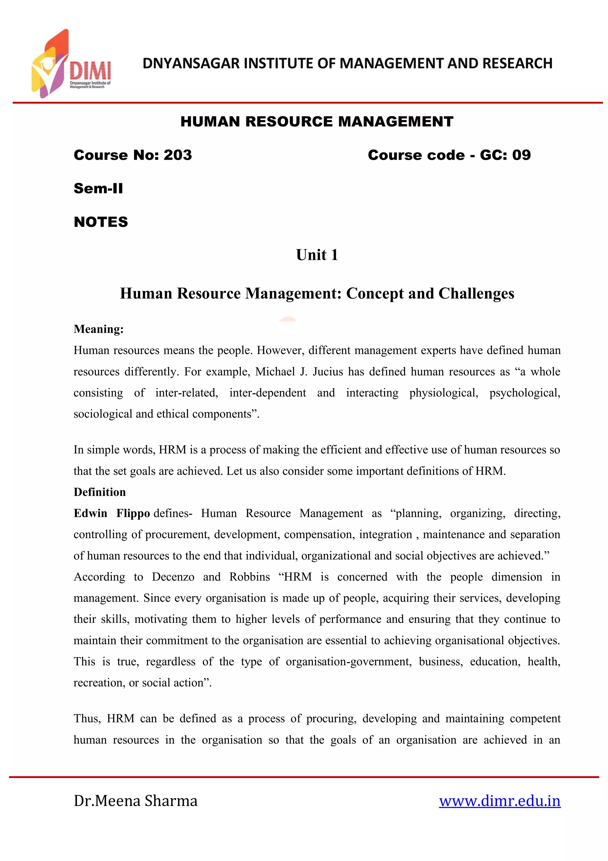 203 human resource management notes dimr (1) | PDF