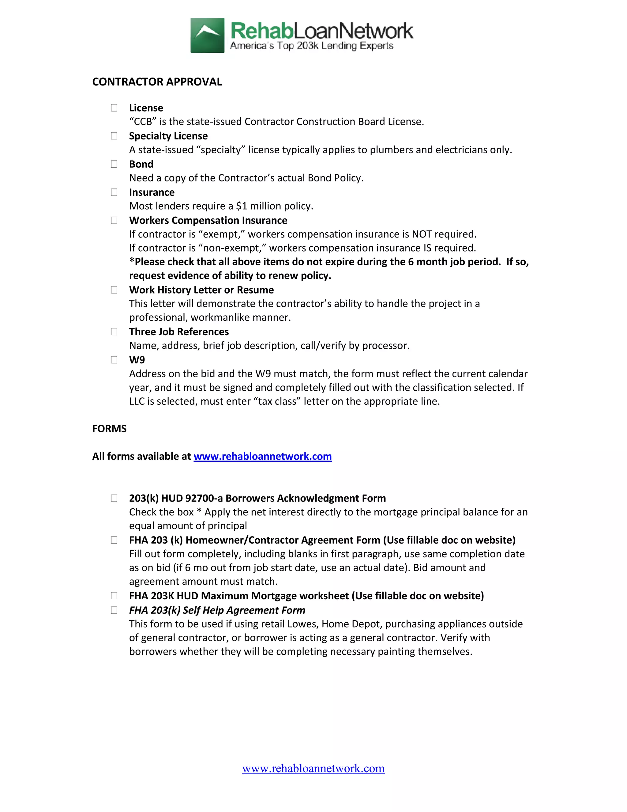 203k contractor approval and forms list | PDF