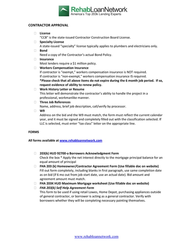 203k contractor approval and forms list | PDF