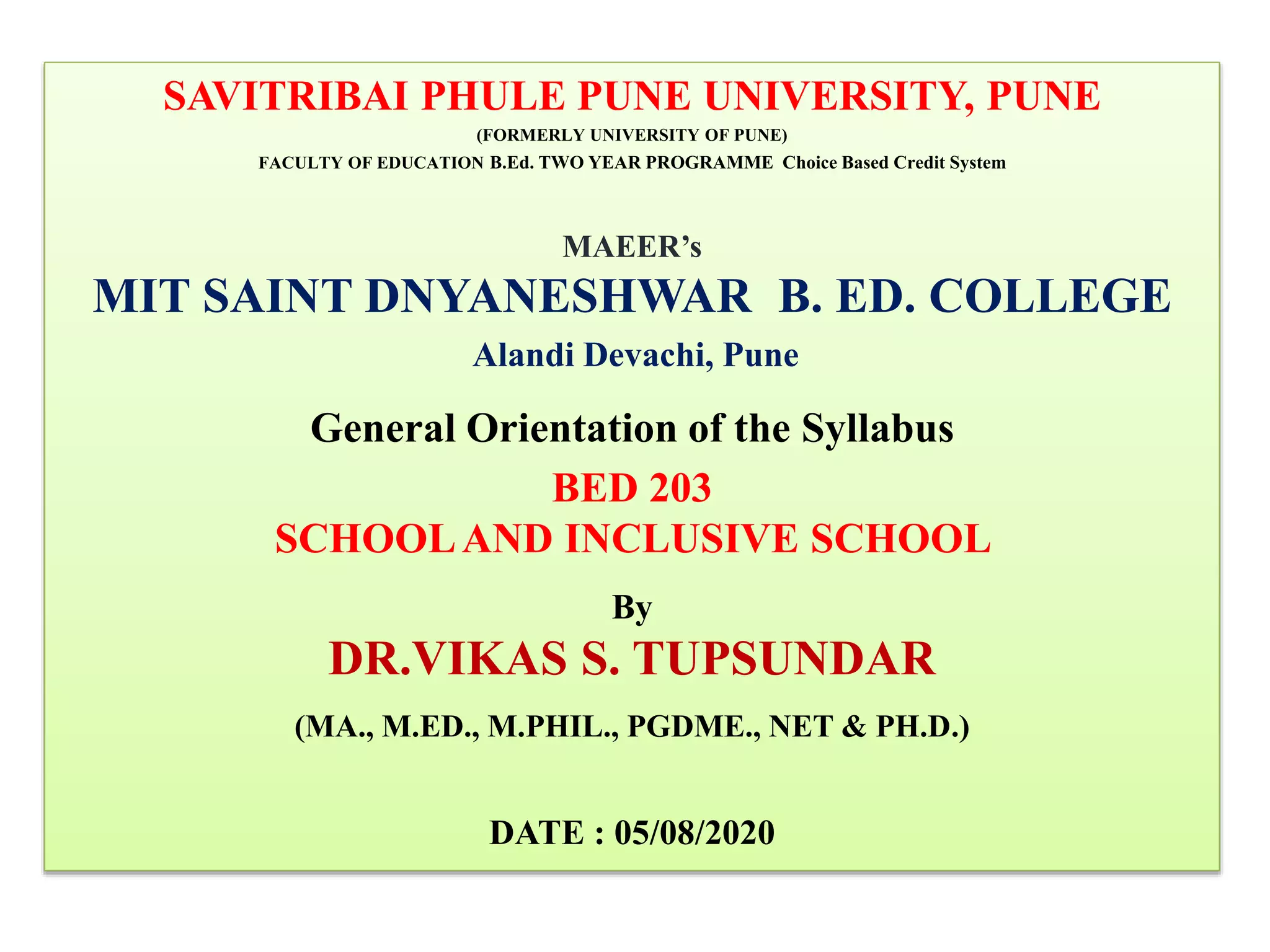 SPPU S.Y.B.Ed. Course Code BED-203 School & Inclusive School ...