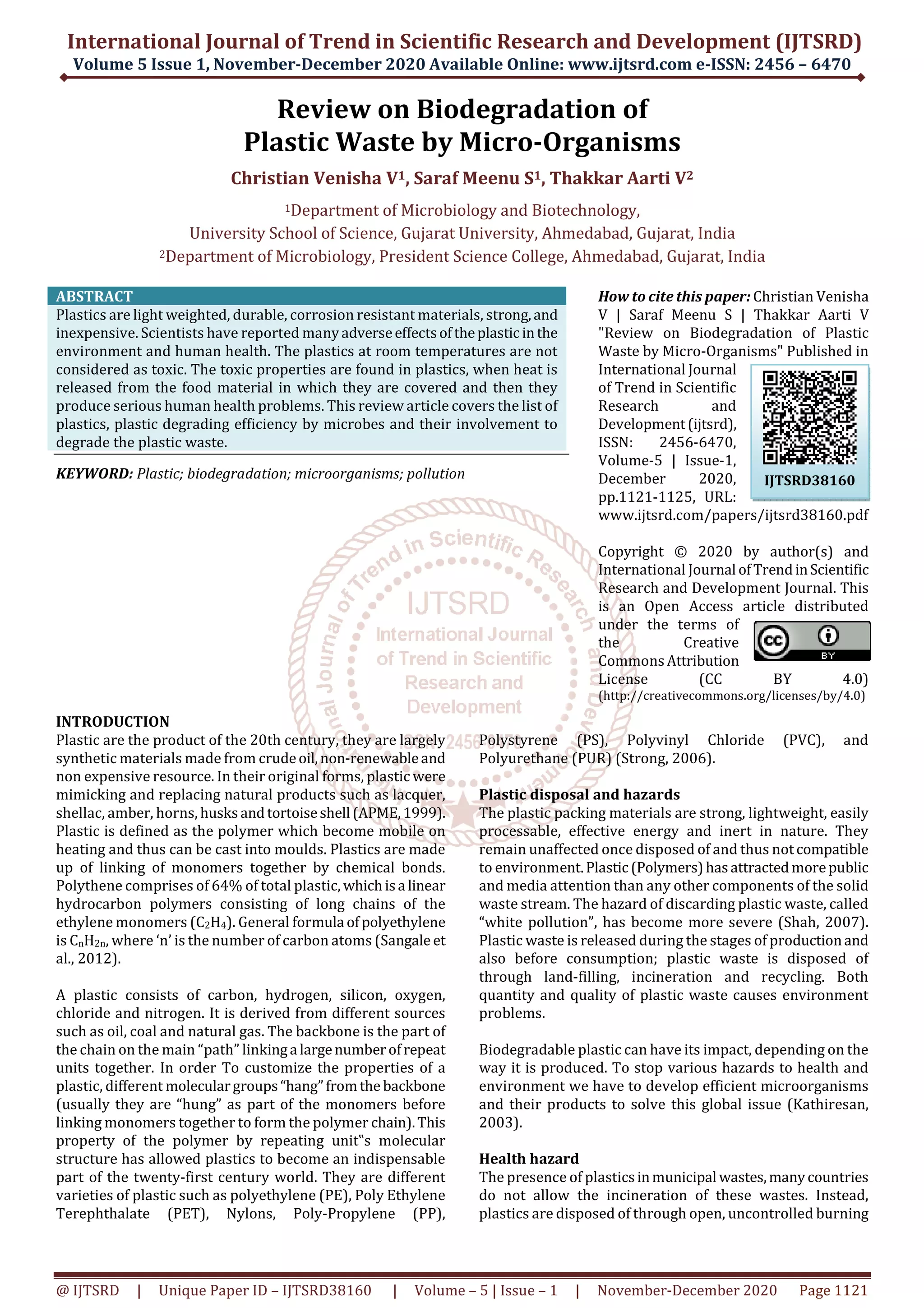 Review on Biodegradation of Plastic Waste by Micro Organisms | PDF
