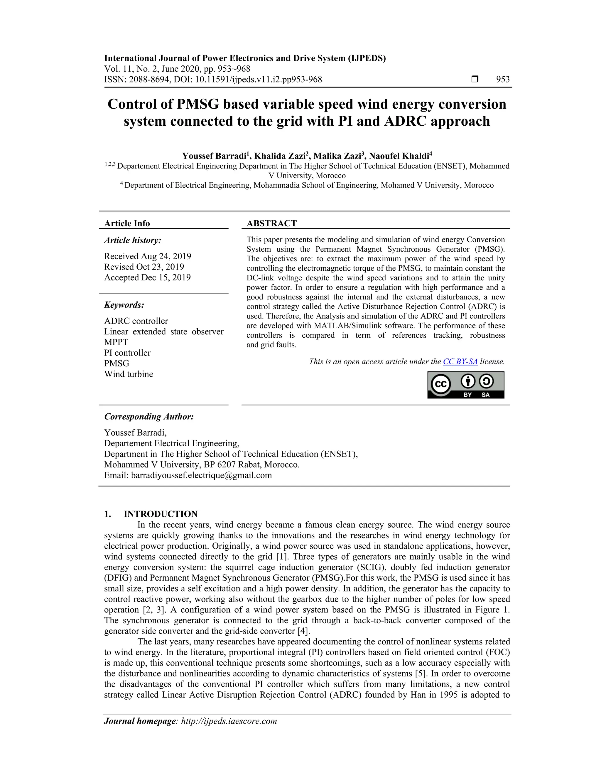 Control Of Pmsg Based Variable Speed Wind Energy Conversion System Connected To The Grid With Pi