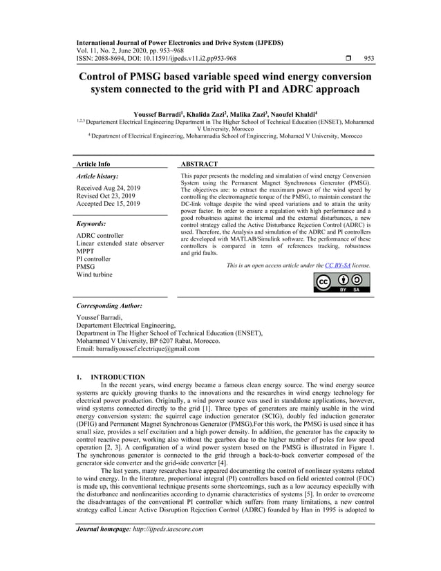Control Of Pmsg Based Variable Speed Wind Energy Conversion System Connected To The Grid With Pi 