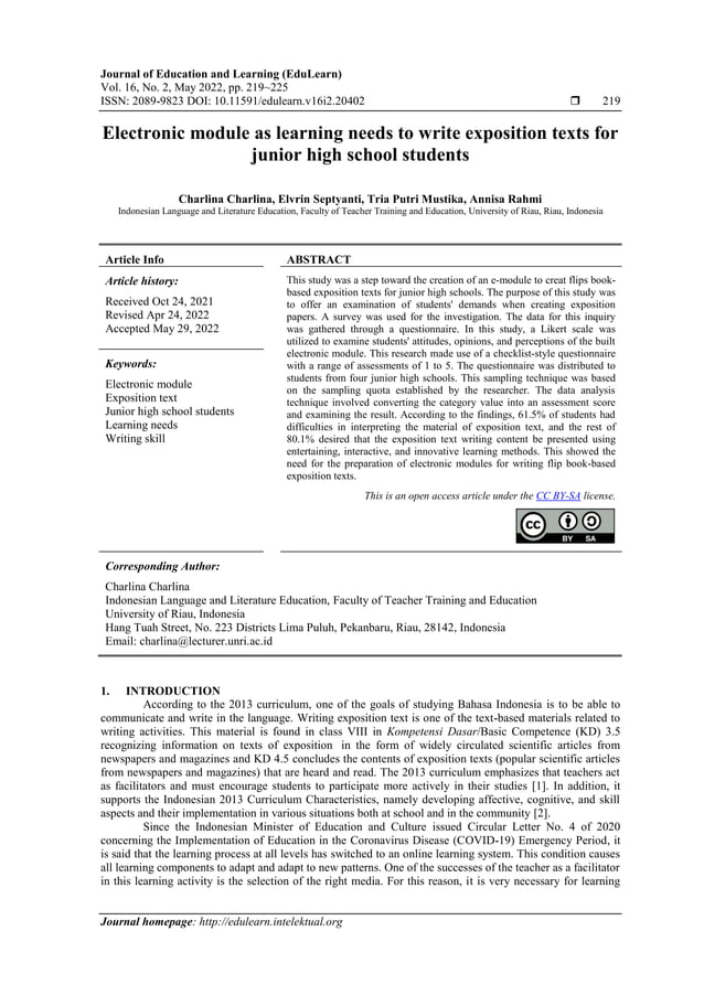 Electronic module as learning needs to write exposition texts for junior high school students | PDF
