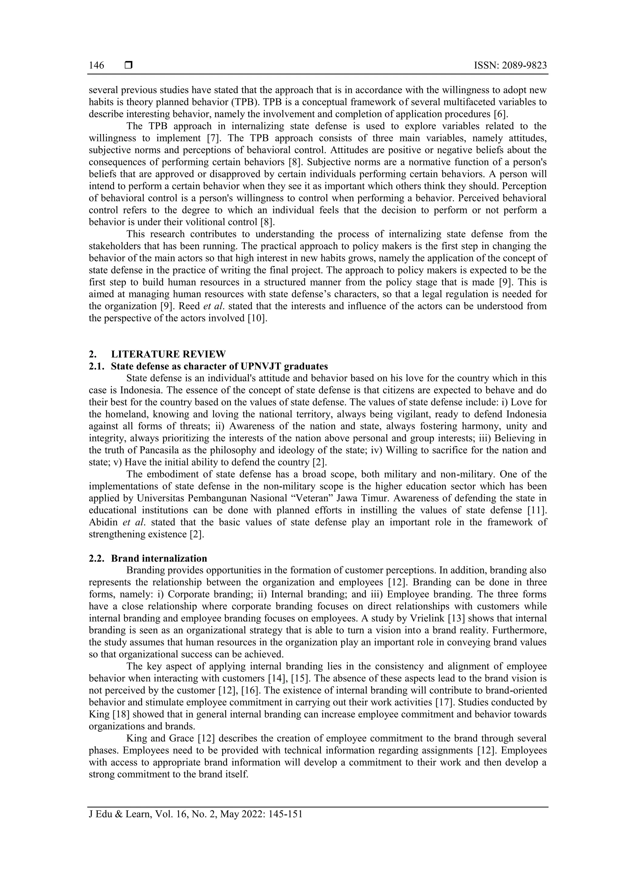 State defense internalization in a university: Theory of planned behavior approach | PDF