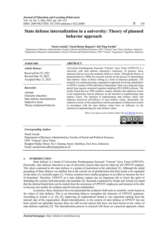 State defense internalization in a university: Theory of planned ...