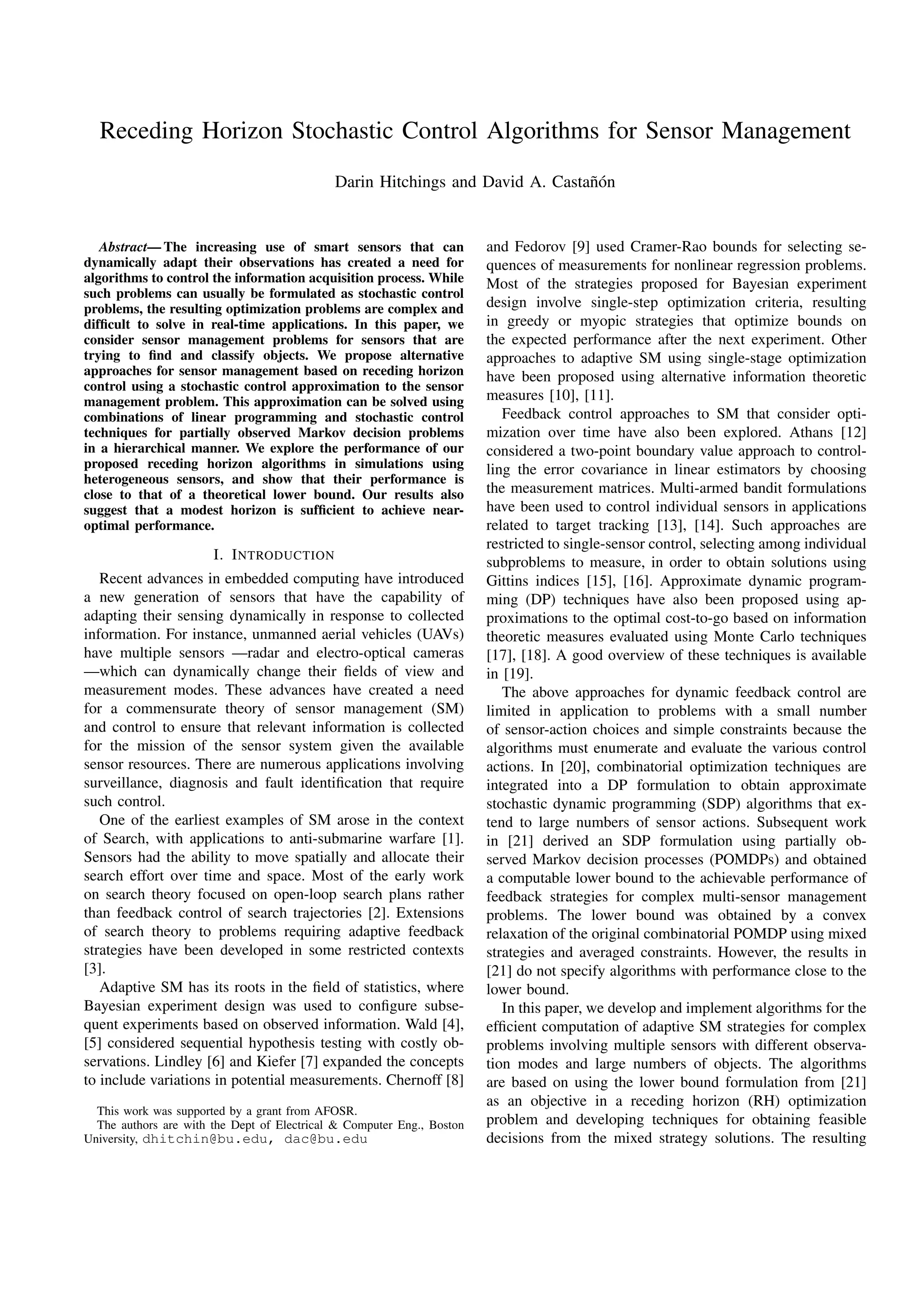 Receding Horizon Stochastic Control Algorithms for Sensor Management ACC 2010 | PDF | Internet ...
