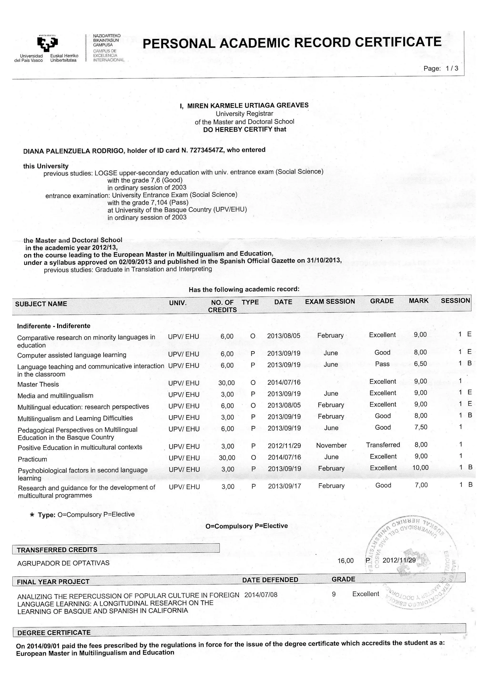 Personal Academic Record Certificate | PDF