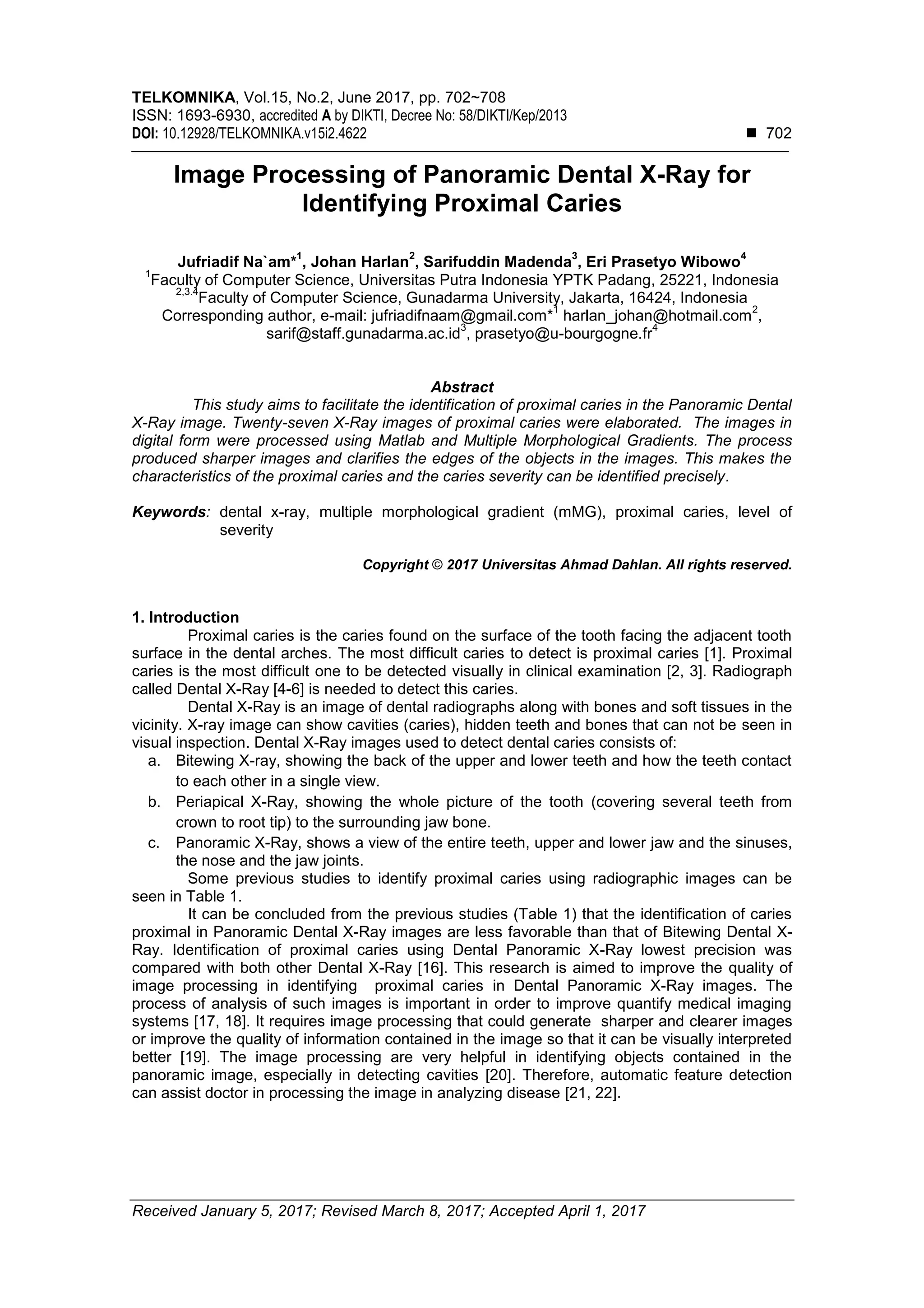 Image Processing of Panoramic Dental X-Ray for Identifying Proximal ...