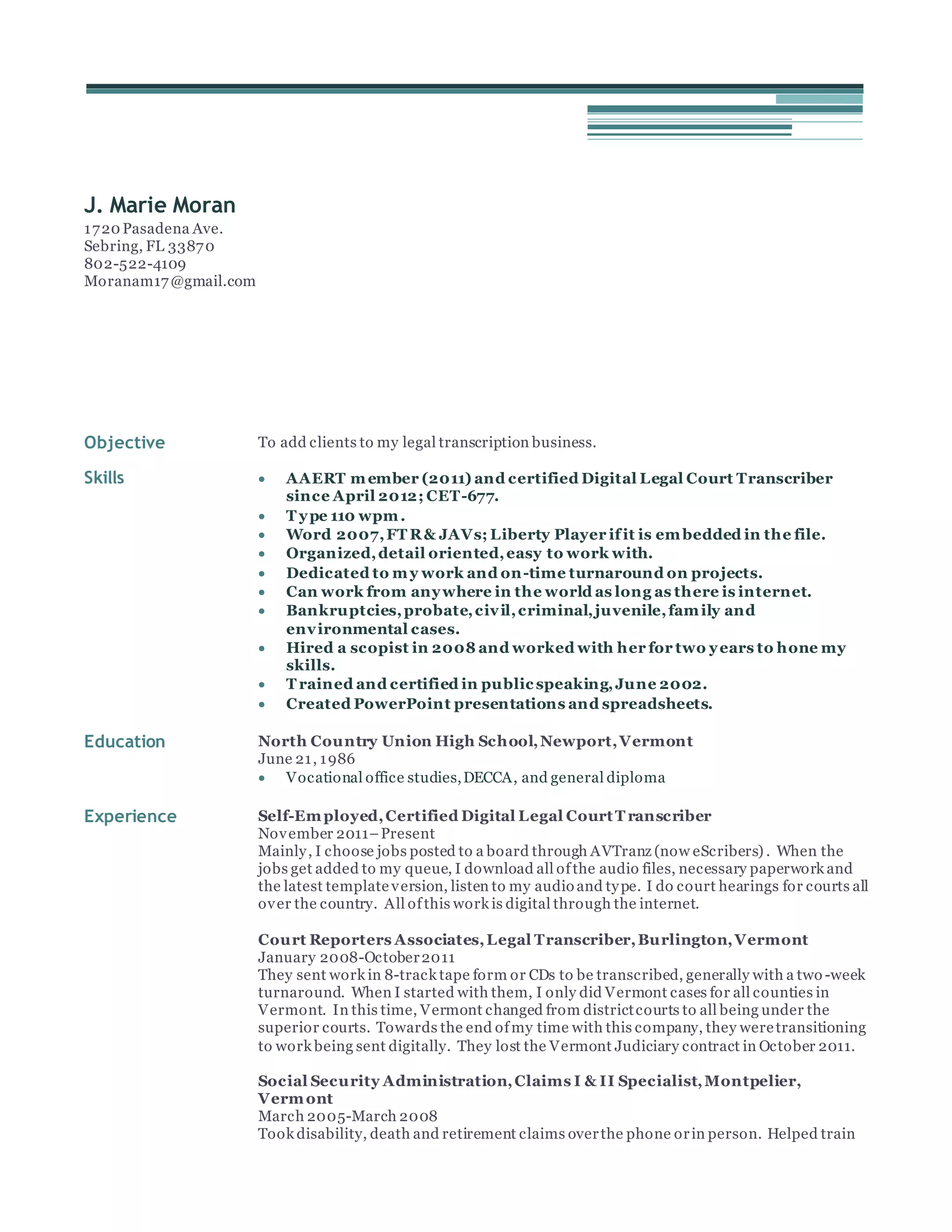 J. Marie Moran Resume | DOCX | Healthcare Industry | Industries