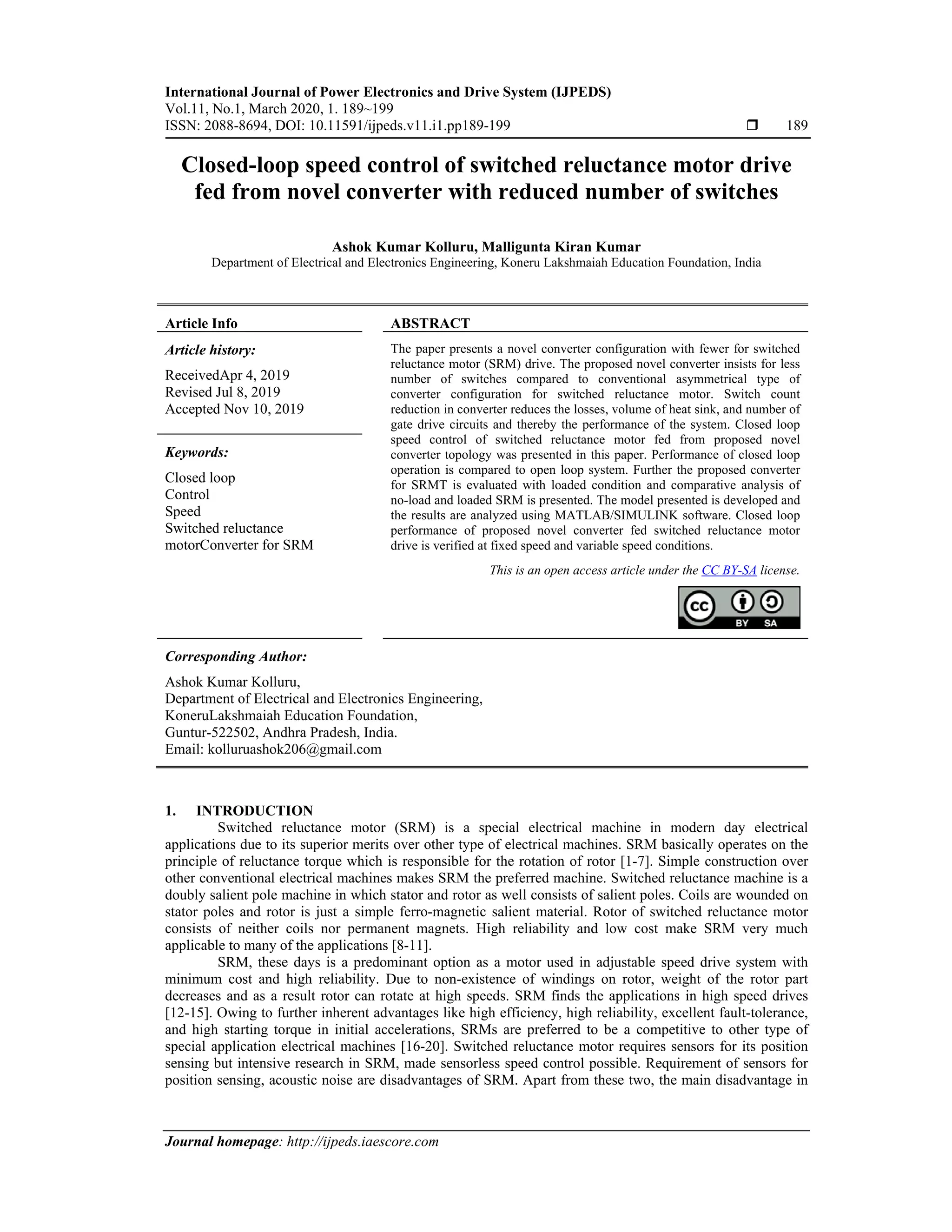 Closed-loop speed control of switched reluctance motor drive fed from ...