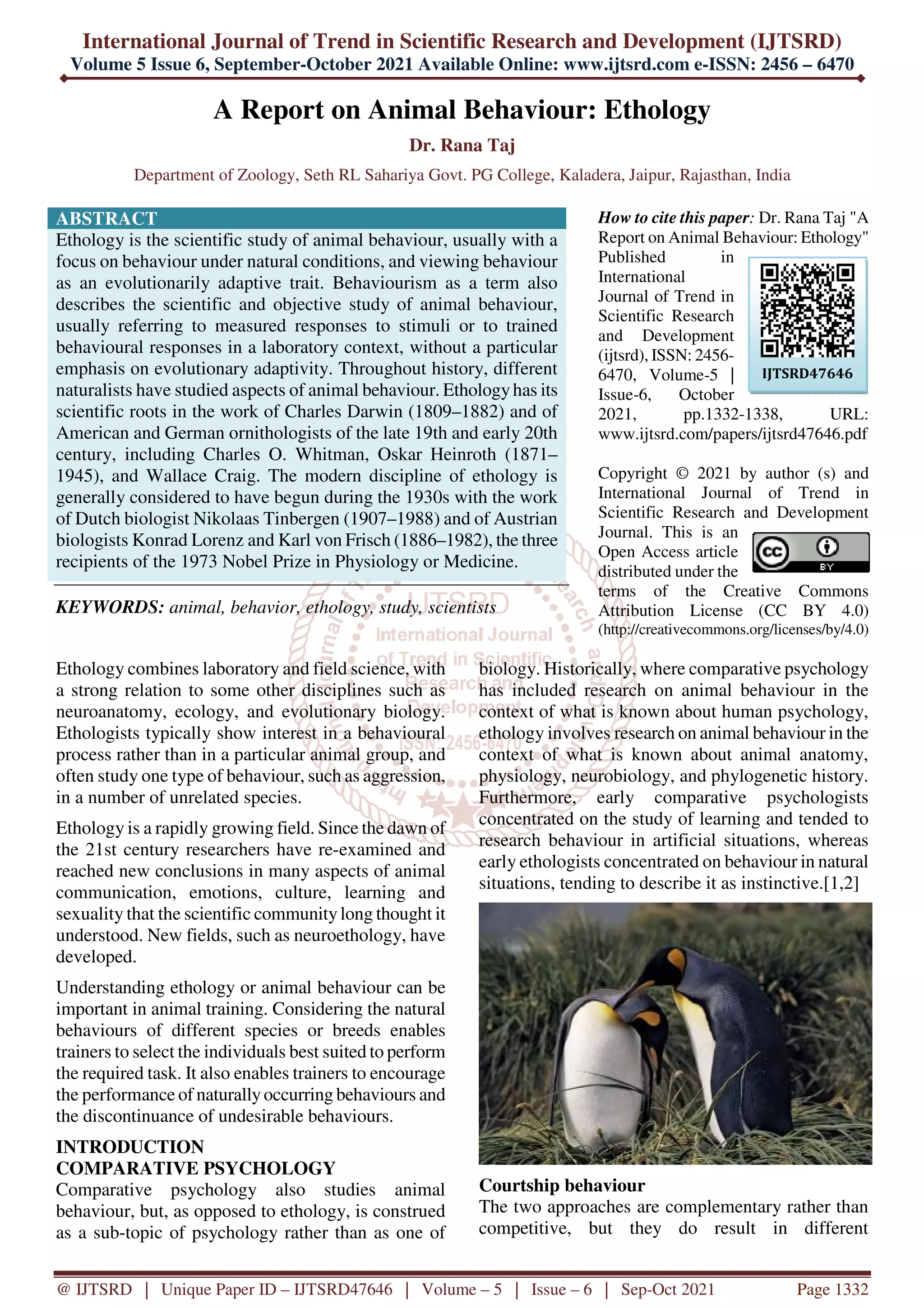 A Report on Animal Behaviour Ethology | PDF